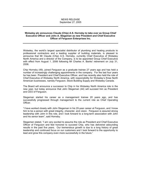 John Stegeman Appointed President and CEO of Ferguson (PDF)