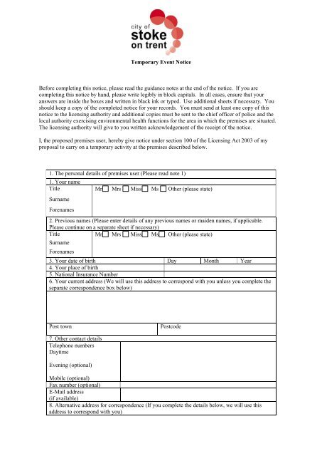 Temporary Event Notice Before completing this notice, please read ...