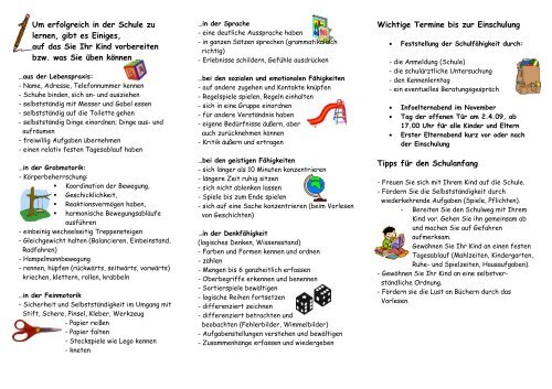 Tipps zur Vorbereitung auf die Schule - Schule im Kirchgarten