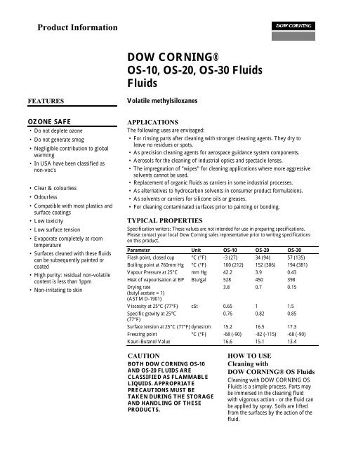 Dow Corning(R) OS-10, OS-20, OS-30 Fluids