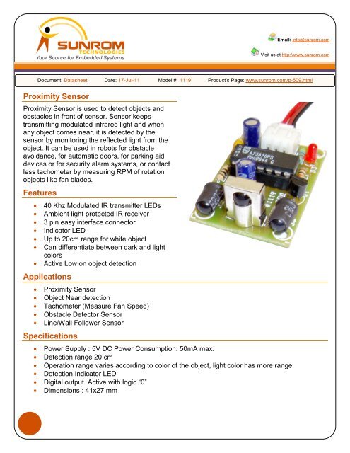 Proximity Sensor Features Applications Specifications - Sunrom ...
