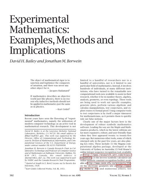 Experimental Mathematics: Examples, Methods and Implications ...