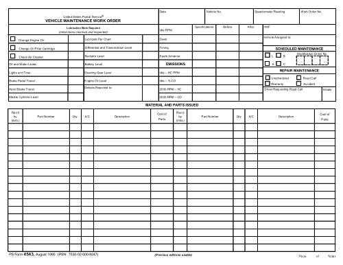 PS Form 4543, Vehicle Maintenance Work Order - NALC Branch 78
