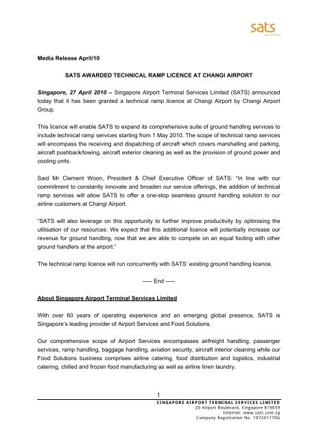 SATS awarded technical ramp licence at Changi Airport