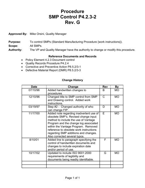 Procedure SMP Control P4.2.3-2 Rev. G - Quality Coils