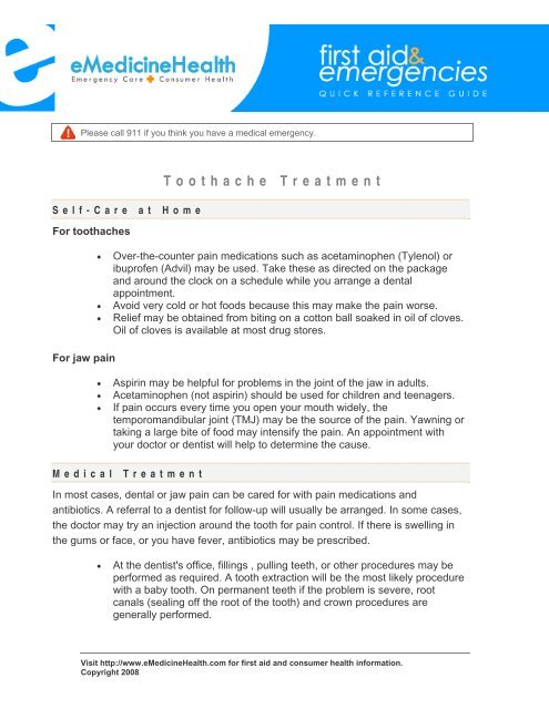 Toothache Treatment - First Aid & Emergencies Quick Reference ...