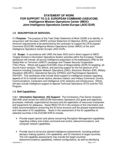 STATEMENT OF WORK FOR SUPPORT TO U.S. EUROPEAN ...