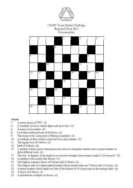 UKMT Team Maths Challenge Regional Final 2011 Crossnumber
