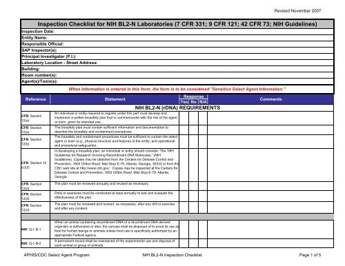 ABSL2 Checklist with NIH Guidelines - Select Agent Program