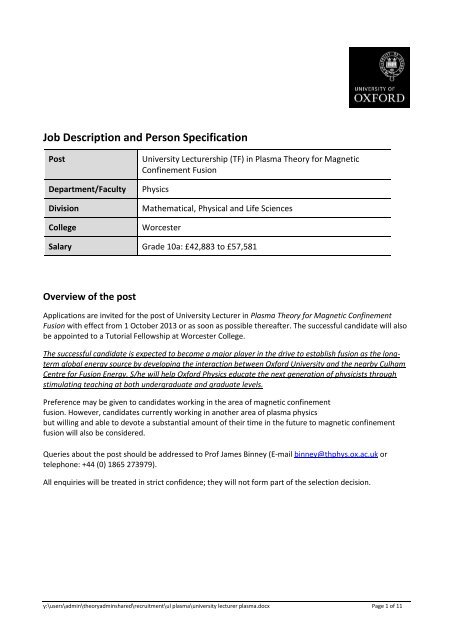 Job Description and Person Specification - Department of Physics ...