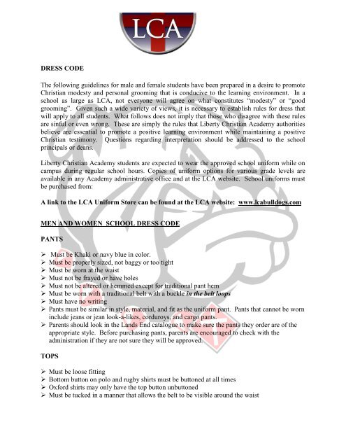 DRESS CODE The following guidelines for male and female ...