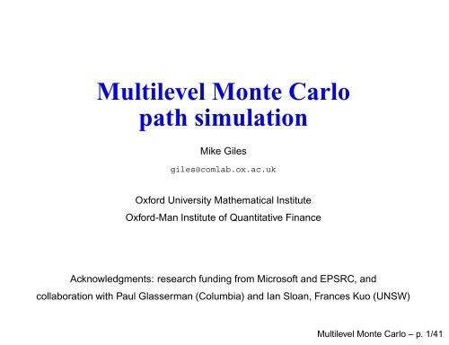 Multilevel Monte Carlo Path Simulation - Mike Giles - NAG