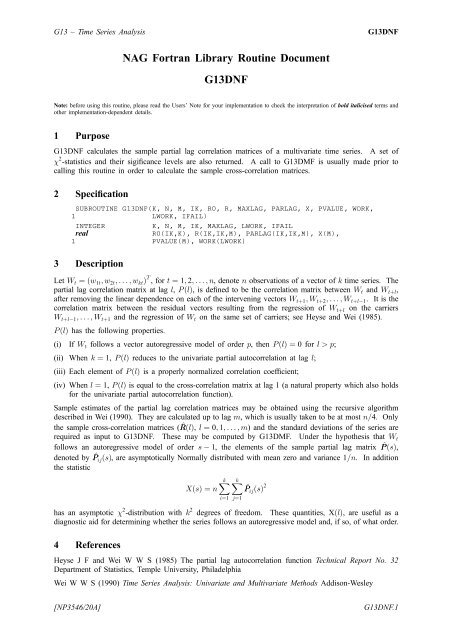 NAG Fortran Library Routine Document G13DNF