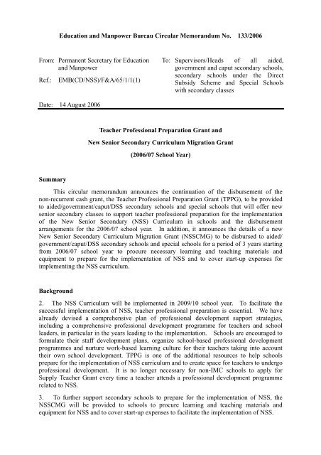 Education and Manpower Bureau Circular Memorandum No. 133 ...