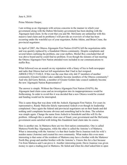 Letter to Prime Minister Harper - Ottawa Algonquin First Nation