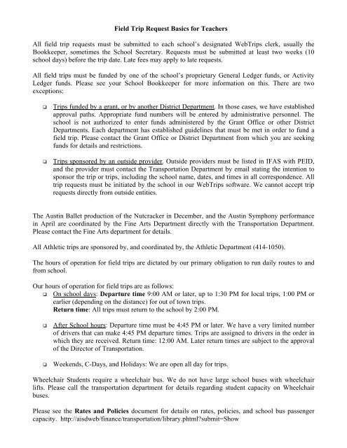 Field Trip Request Form - Austin ISD