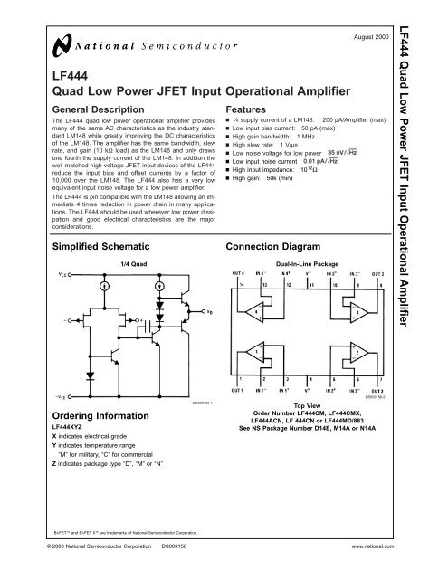 LF444 Quad Low Power JFET Input Operational Amplifier
