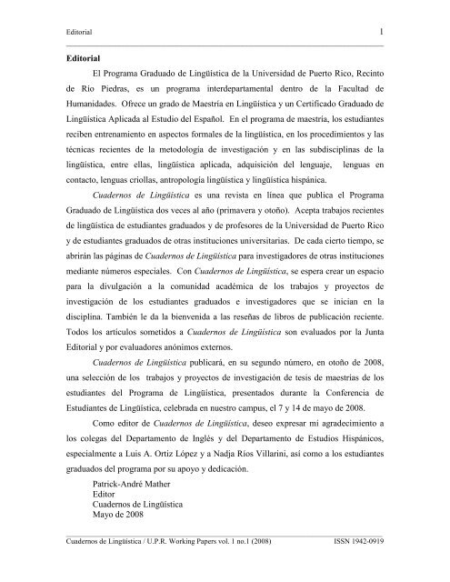 Editorial - Cuadernos de Lingüística - Universidad de Puerto Rico ...