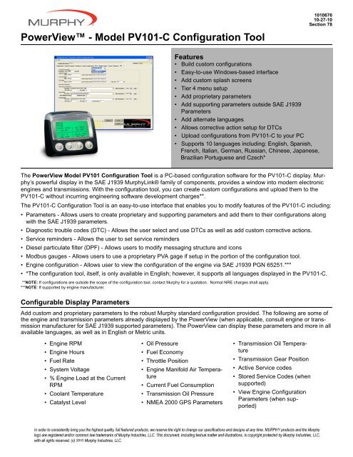 Model PV101-C Congifuration Tool - Murphy