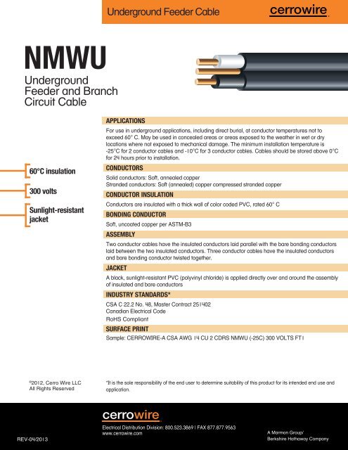 DOWNLOAD NMWU Catalog Sheet - Cerro Wire and Cable Company
