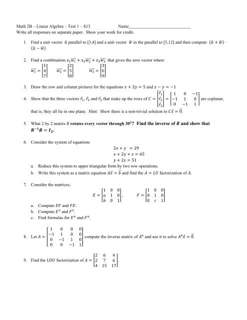 Math 2B â Linear Algebra â Test 1 â S13 ... - Geofhagopian.net