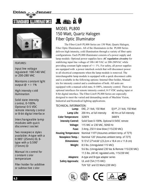MODEL PL800 150 Watt, Quartz Halogen Fiber ... - Spectra Services