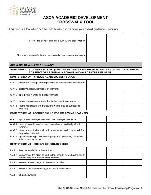 ASCA ACADEMIC DEVELOPMENT CROSSWALK TOOL