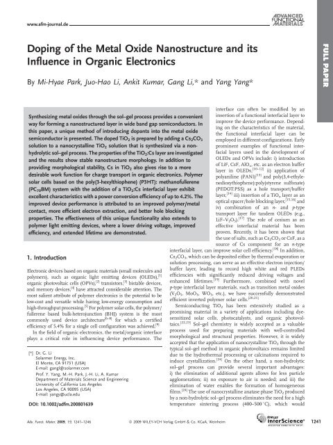 Doping of the Metal Oxide Nanostructure and its Influence in ...