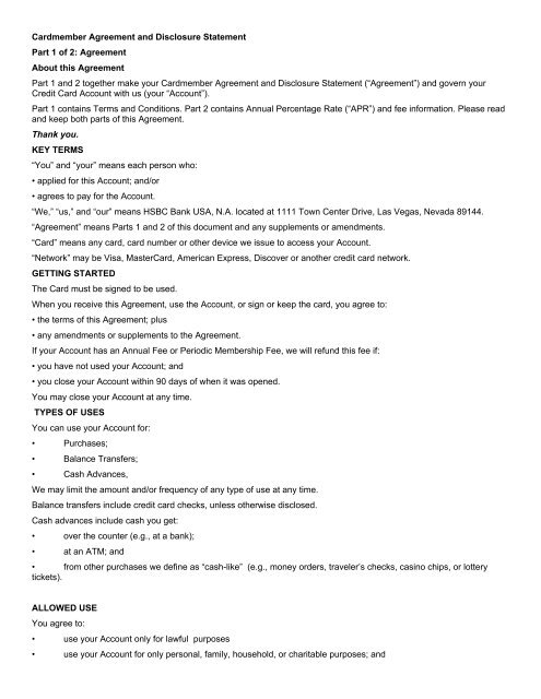 Cardmember Agreement and Disclosure ... - HSBC Credit Card