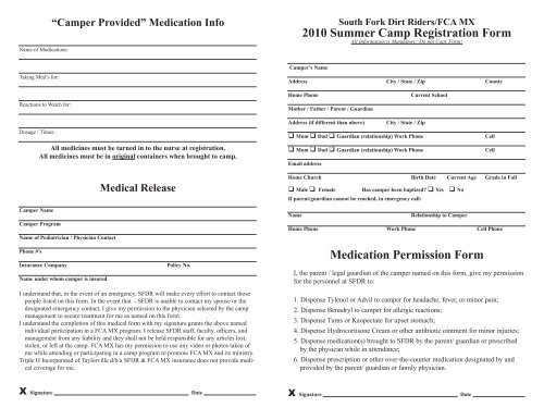 2010 Summer Camp Registration Form Medication Permission Form