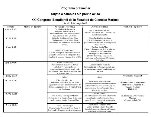 Programa preliminar Sujeto a cambios sin previo aviso XXI ...