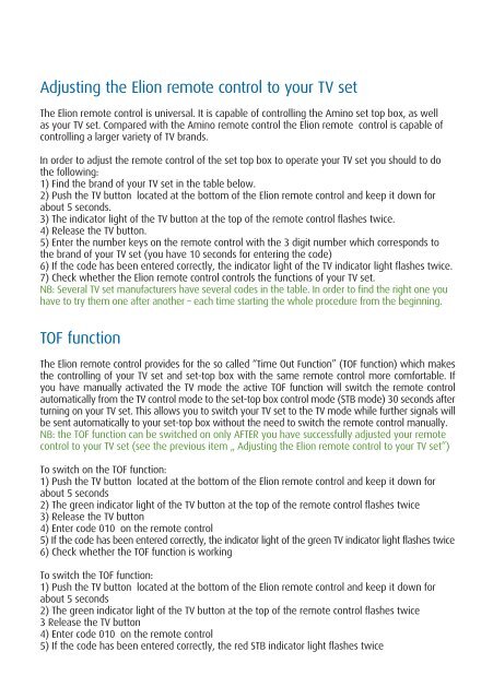 Adjusting the Elion remote control to your TV set TOF function