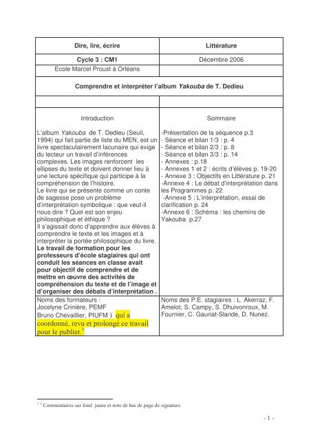 Comprendre et interprÃ©ter l'album Yakouba de T. Dedieu en ... - IUFM