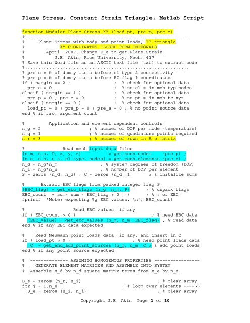 Plane Stress, Constant Strain Triangle, Matlab Script - clear - Rice ...