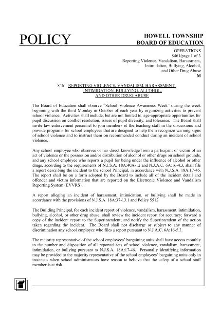 Policy 8461 Reporting Violence, Vandalism, Harassment ...