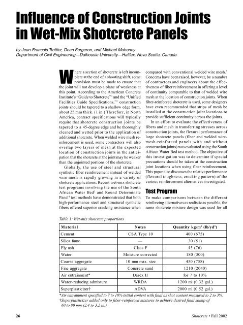 Influence of Construction Joints in Wet-Mix Shotcrete Panels