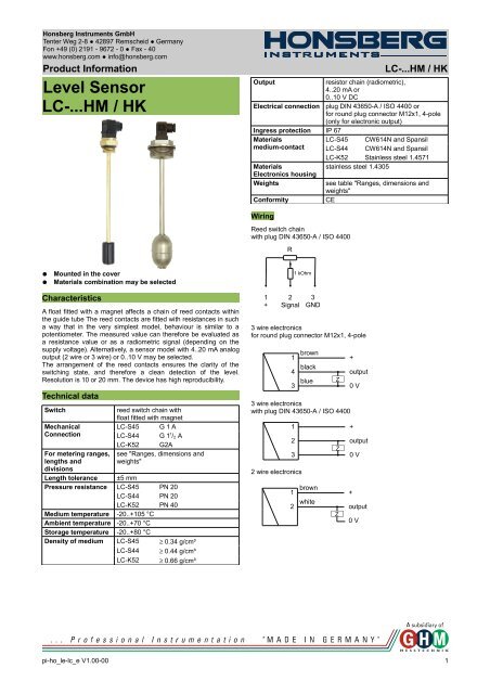Download a datasheet for the LC Level Sensor