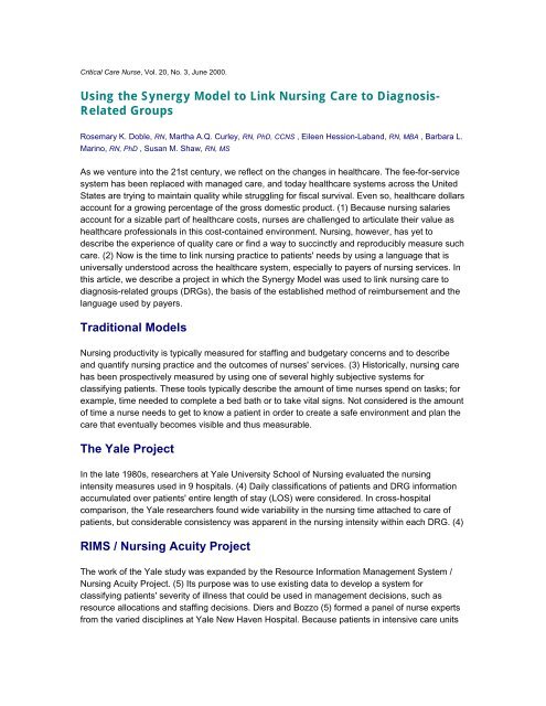 Using the Synergy Model to Link Nursing Care to Diagnosis
