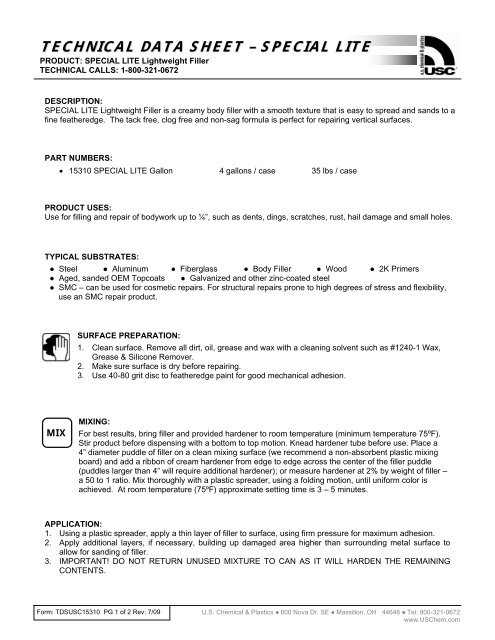 TECHNICAL DATA SHEET â SPECIAL LITE - US Chemical & Plastics