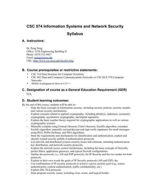 CSC 574 Information Systems and Network Security ... - Dr. Peng Ning
