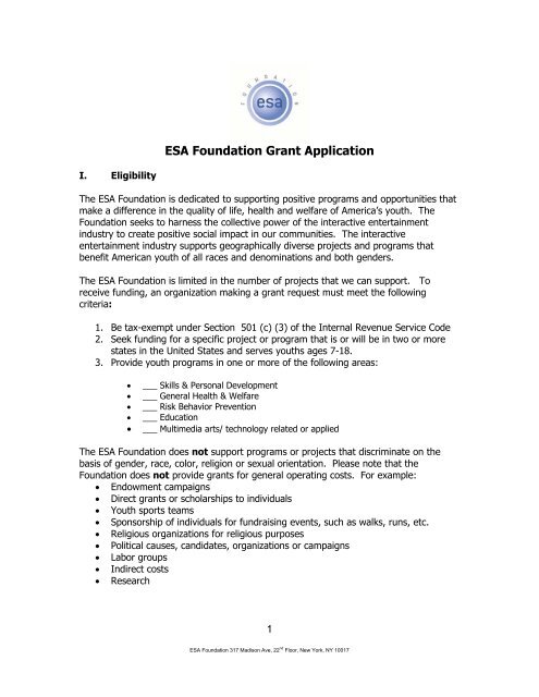 ESA Foundation Grant Application