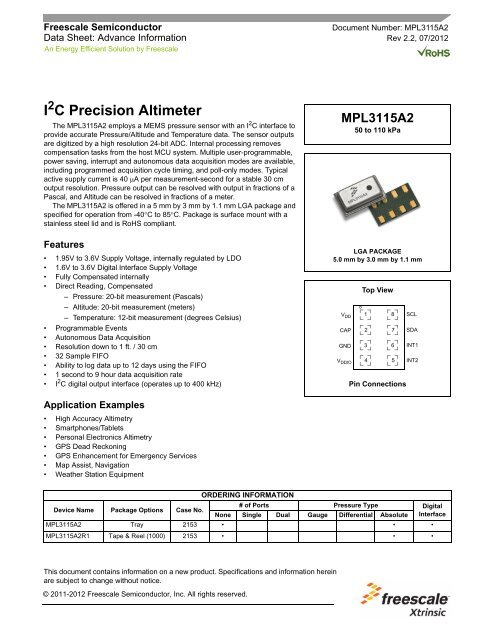 MPL3115A2, I2C Precision Altimeter - Data Sheet