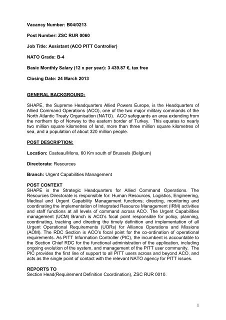 NATO - JOB DESCRIPTION - ACO