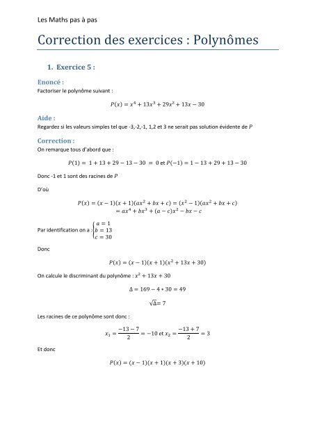 Correction des exercices polynômes