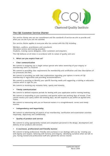 Customer service charter - Chartered Quality Institute