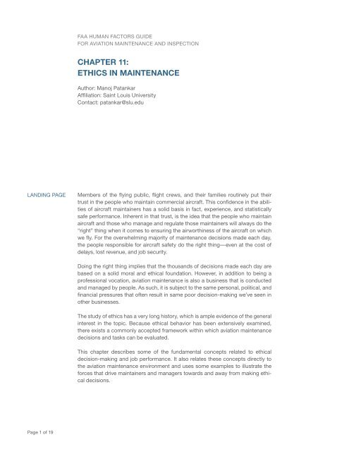 Chapter 11: ethiCs in maintenanCe - FAA Human Factors