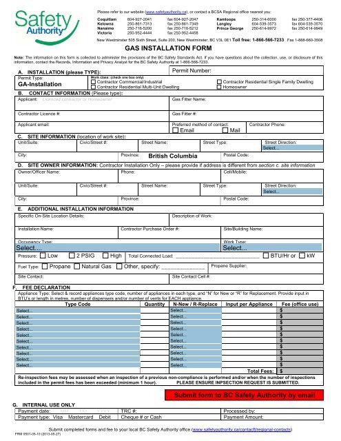 GAS INSTALLATION FORM Select... Submit form to BC Safety ...