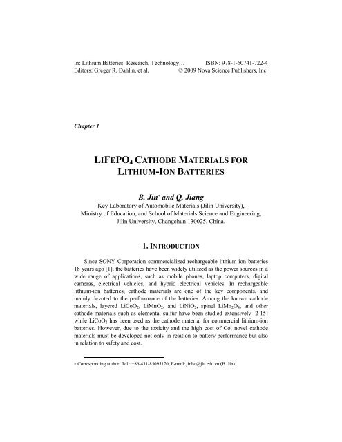 LIFEPO4 CATHODE MATERIALS FOR LITHIUM-ION BATTERIES B ...