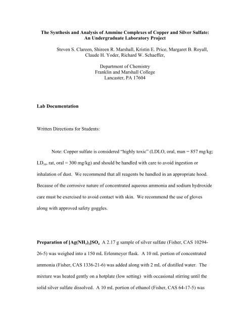 The Synthesis and Analysis of Ammine Complexes of Copper and ...
