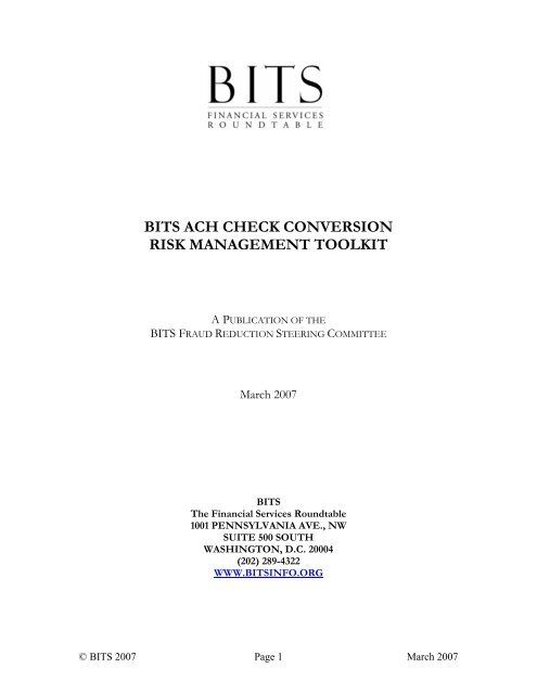 BITS ACH CHECK CONVERSION RISK MANAGEMENT TOOLKIT